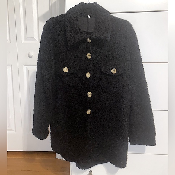 SHEIN | Jackets & Coats | Shein Solid Button Through Teddy Coat In Black | Poshmark